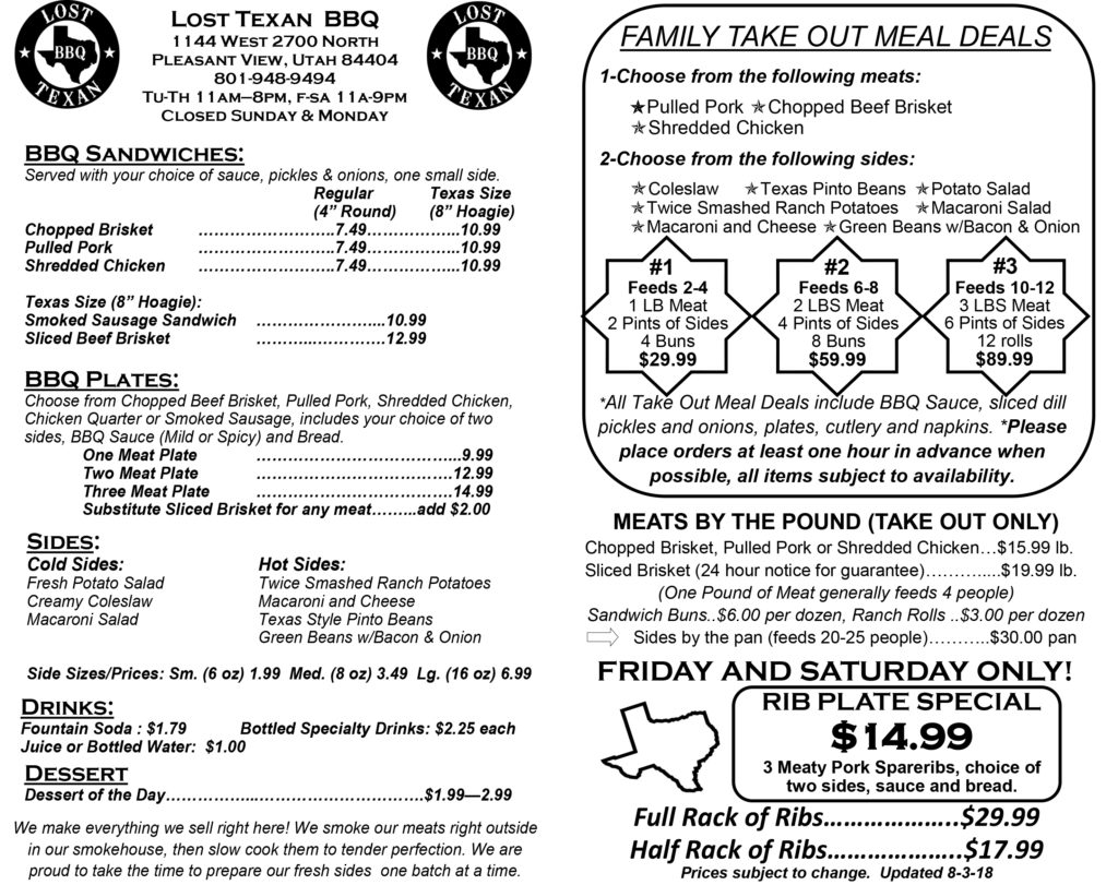 Menu - Lost Texan BBQ